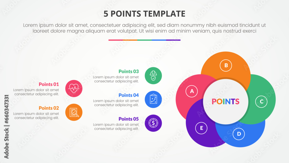 5 points stage template infographic concept for slide presentation with creative circle flower ...