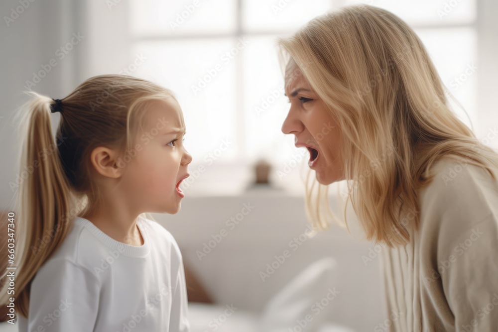 Mother and daughter screaming trouble. Mad mom abuse at family day ...