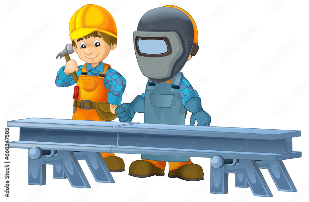 cartoon construction worker in some additional safety cover standing in ...