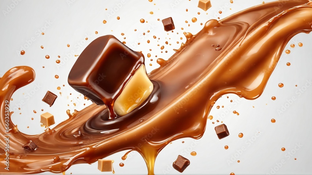 Sweet melted caramel, liquid caramel sauce splash with toffee candies ...