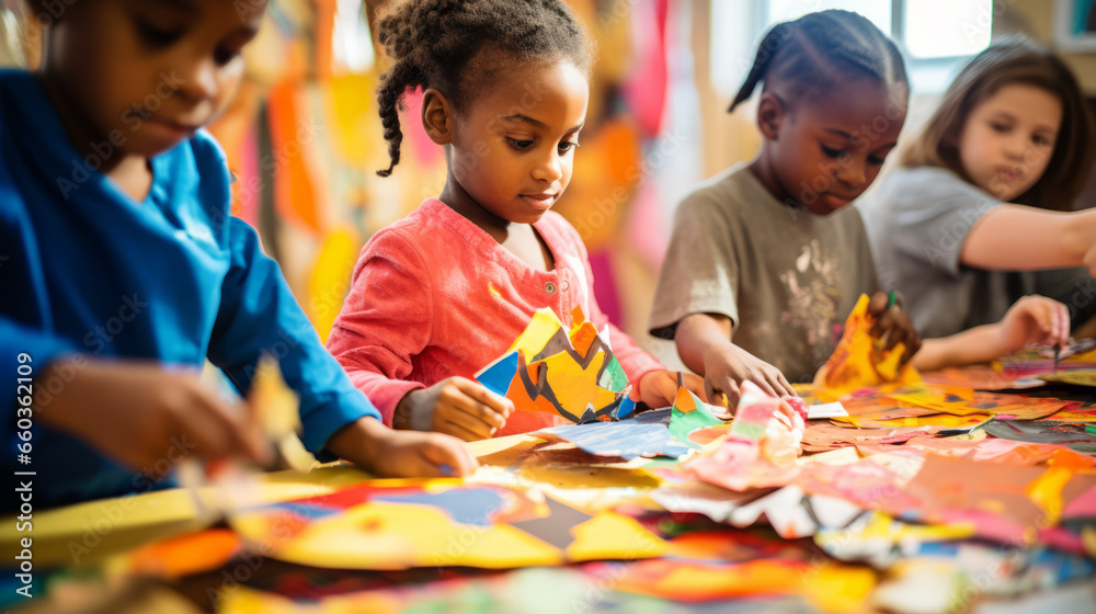 happy kids doing arts and crafts in a school day care center classroom ...