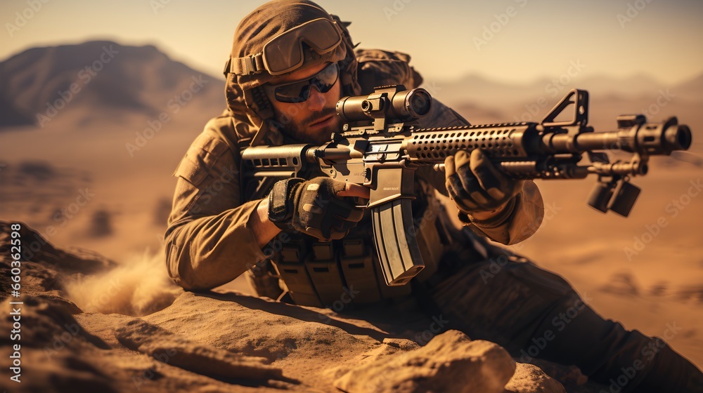 Military sniper in the desert. Sniper mercenary with a rifle aims at ...