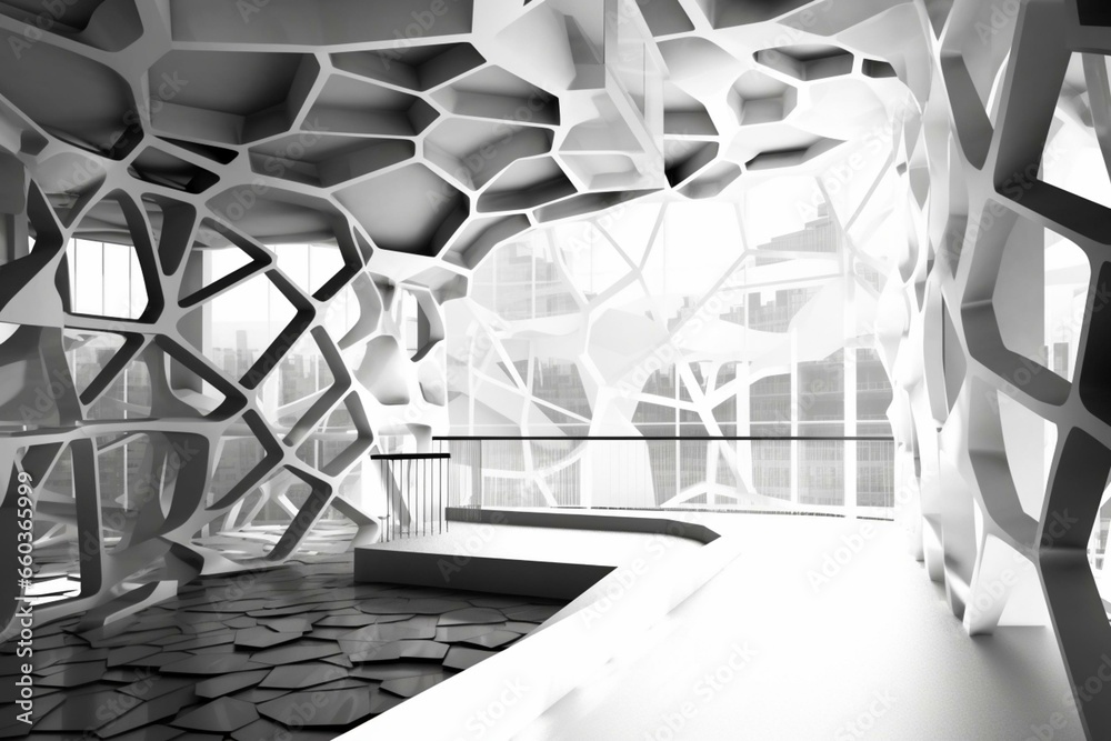 Abstract representation of a white, multilevel public space with ...