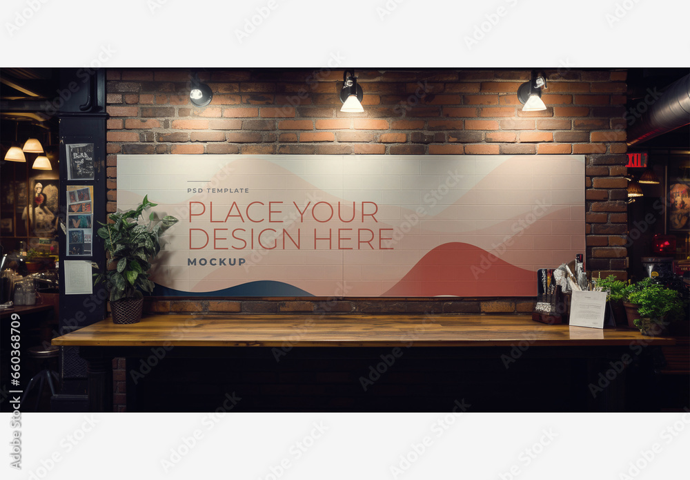 Frame Poster Billboard Mockup: White Board Table with Lights, Potted ...