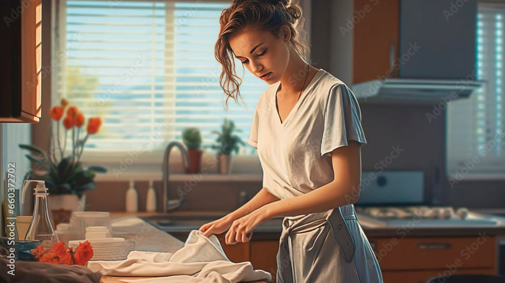 Hardworking housewife doing household chores. Beautiful female cleaning ...