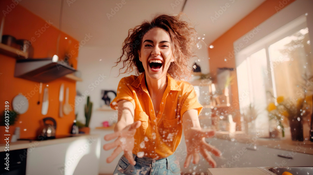 Happy housewife smiling young woman housekeeper having fun while ...