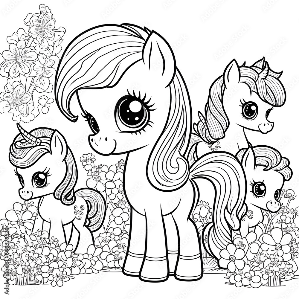 playing cute little pony in the flower garden coloring book page black ...