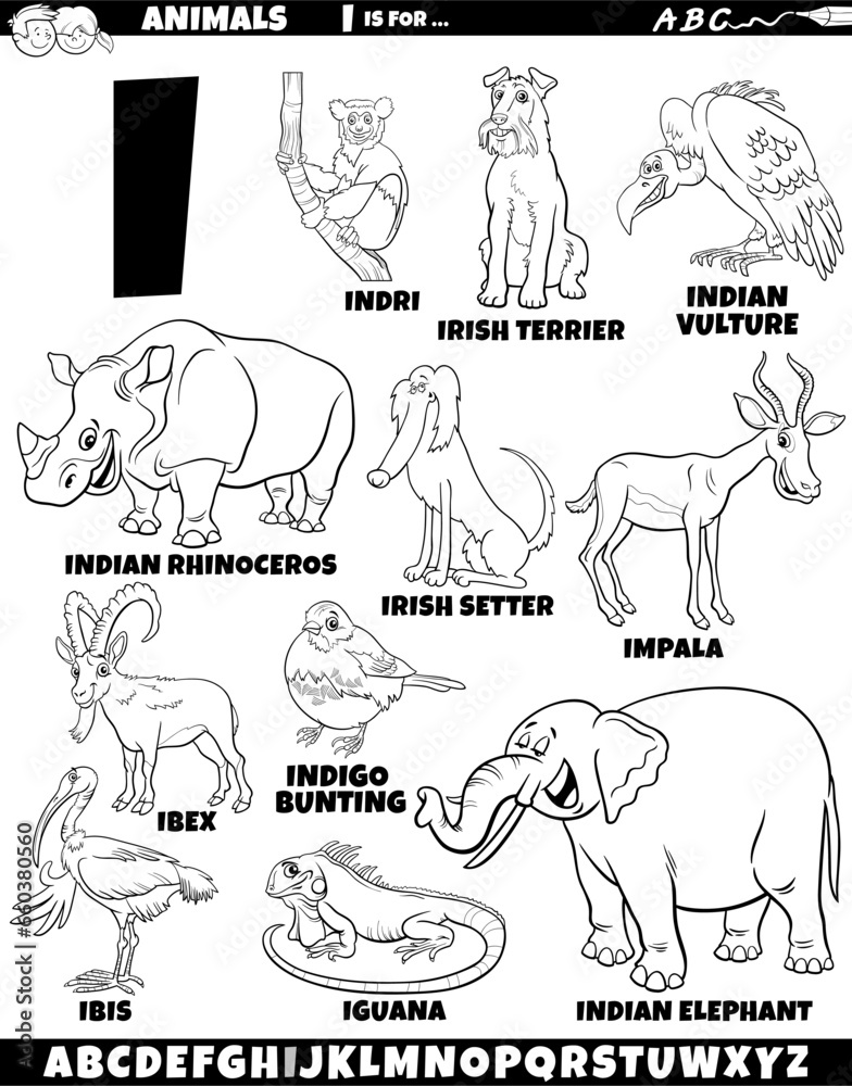 cartoon animal characters for letter I set coloring page Stock Vector ...