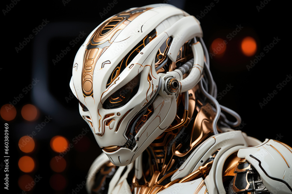 A futuristic android head, advanced and intricate, embodies the fusion ...