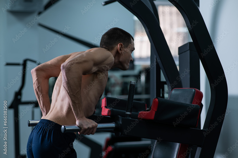 Shirtless man doing triceps dips from parallel bars in gym. foto de ...