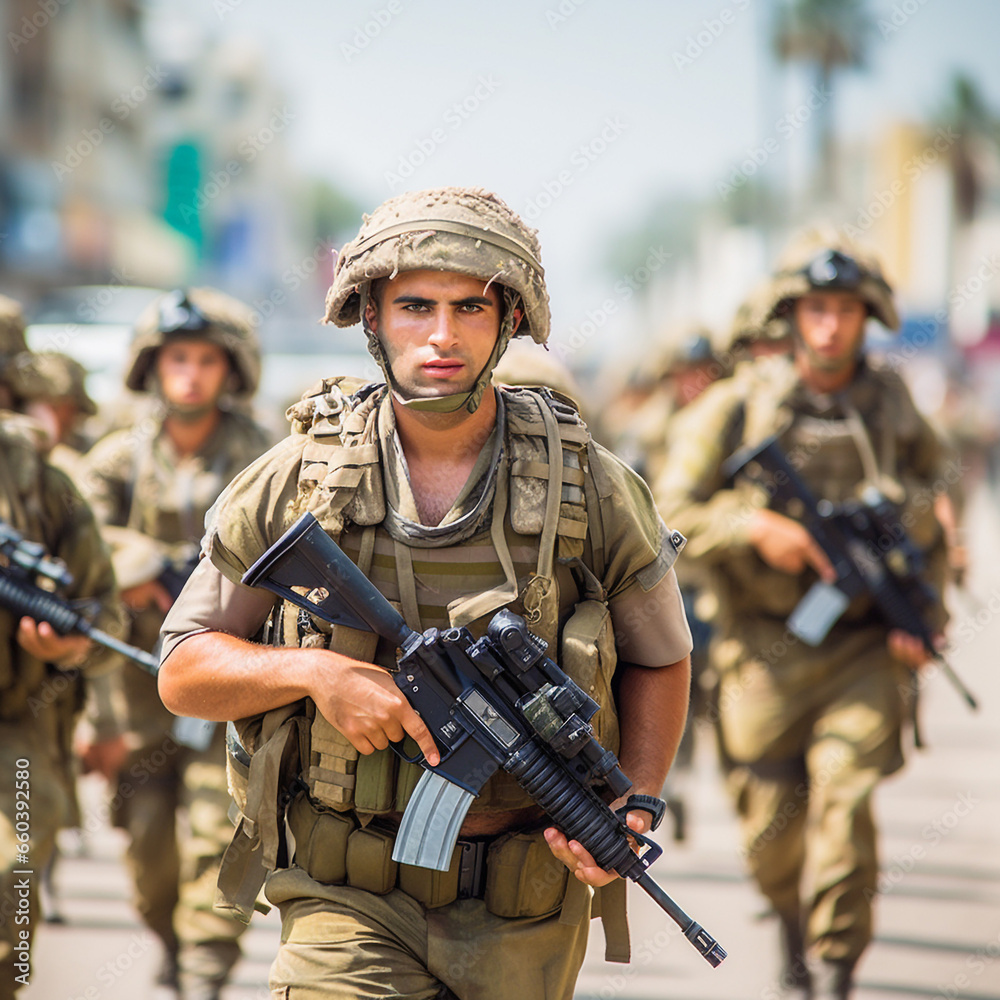 Israeli army soldiers in full armor. War between Israel and Palestine ...