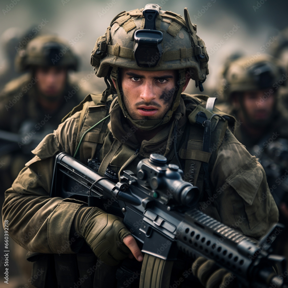 Israeli army soldiers in full armor. War between Israel and Palestine ...