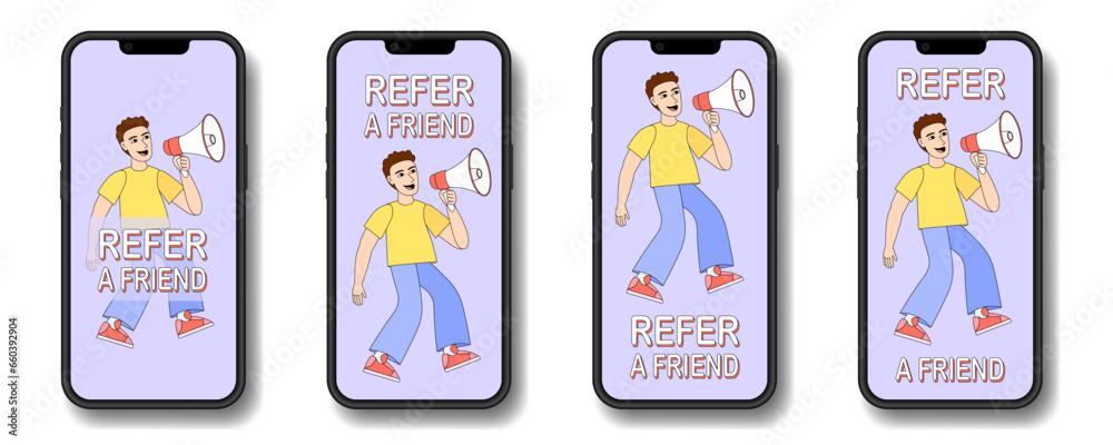Refer a friend. Referral Program. Bonus reward. Young man holding megaphone. Boy speaking and ...