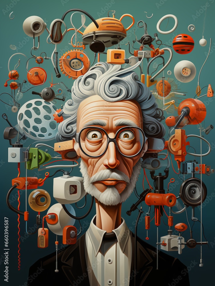 cartoon old scientist inventor portrait with many educational tools and ...