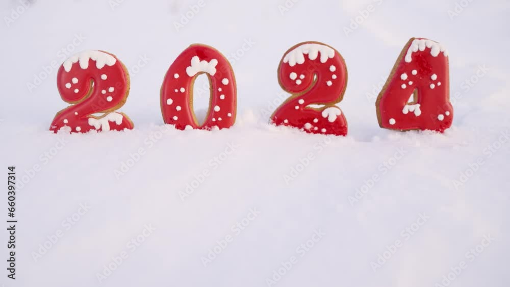 Red numbers 2024 on a background of snow. Numbers 2024 in the snow ...