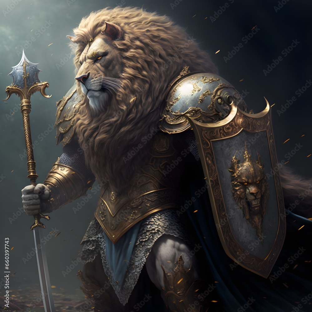 paladin lion with a hammer gold cloak leading a battle of fantasy ...