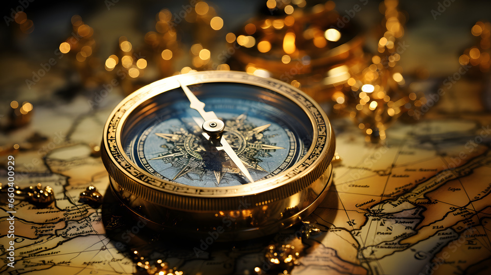 Golden compass on treasure map with surrounding gold pieces Stock Photo ...