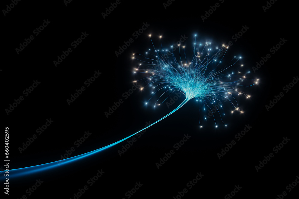 Abstract blue light effect, lens flare. Illuminated optical fiber, sun ...