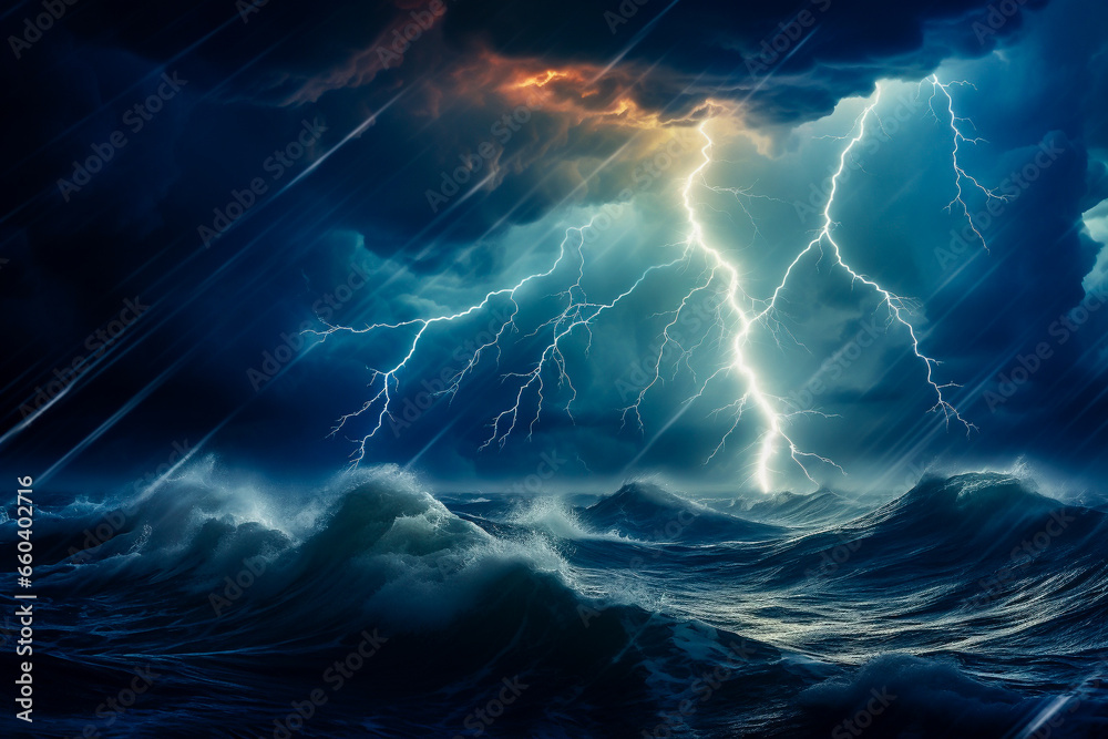 Thunderstorm, thunder and lightning. Storm at the coastline, stormy ...