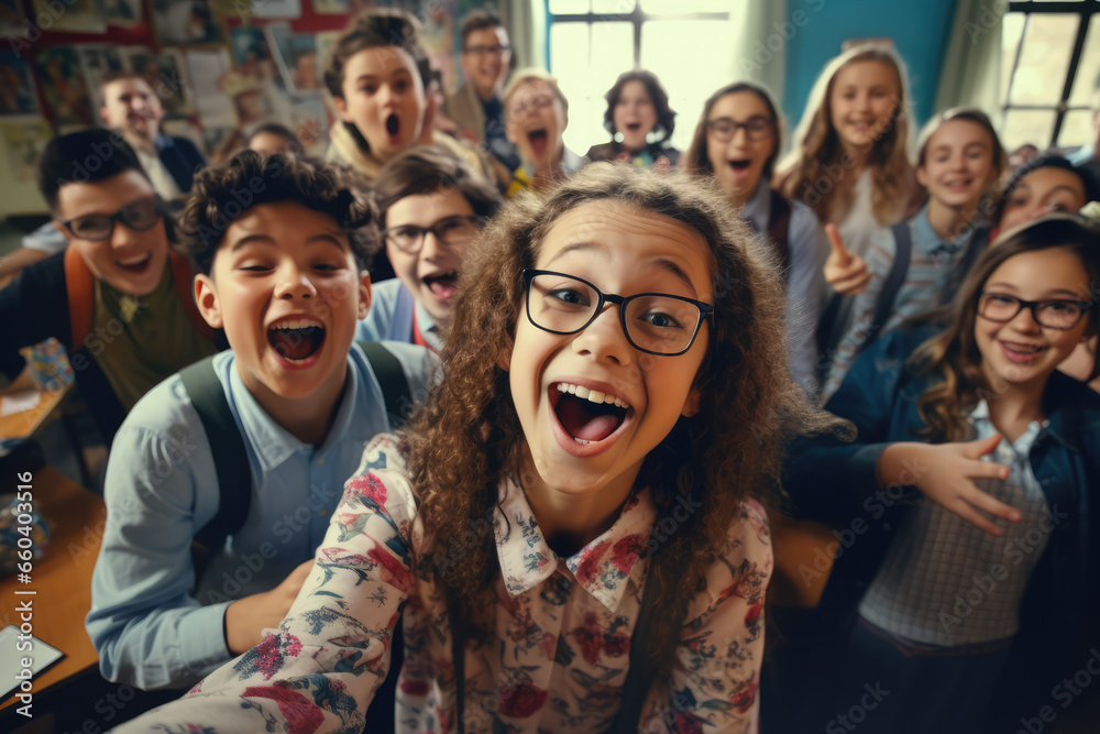 collage of group school classmates making selfie in classroom Stock ...
