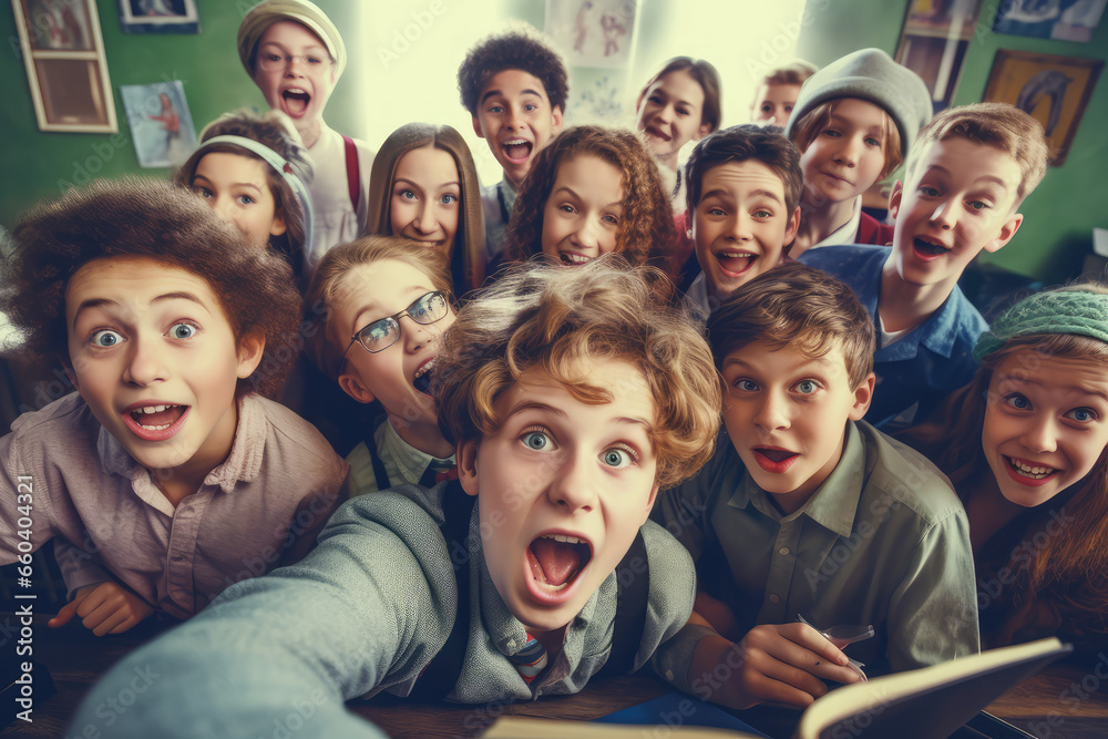 collage of group school classmates making selfie in classroom Stock ...