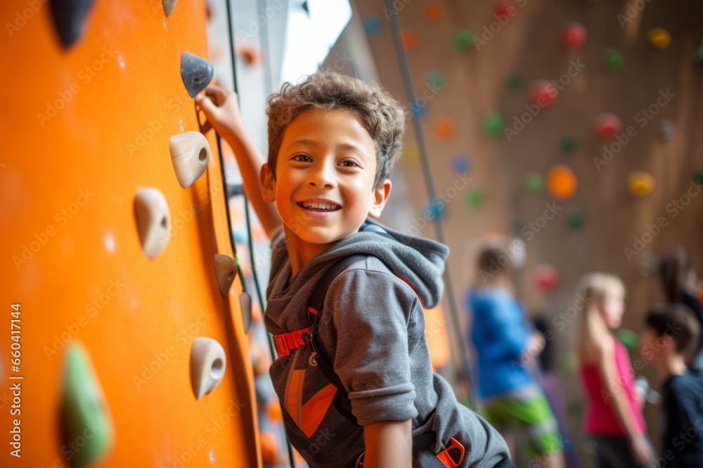Sports portrait photography of an inspired kid male climbing in a ...