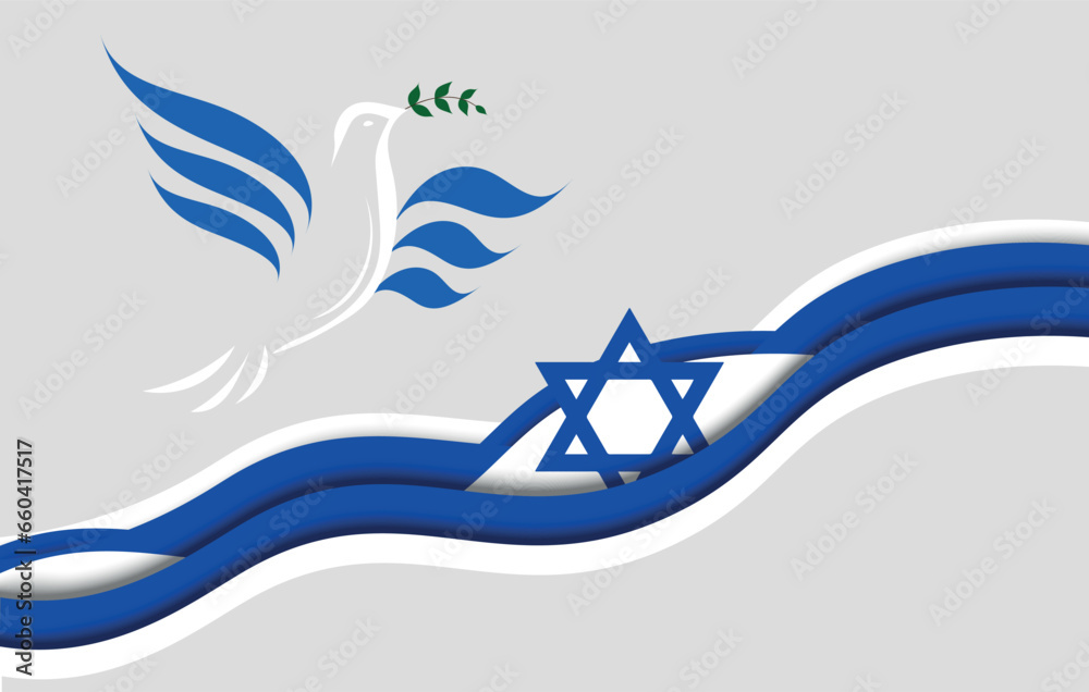 linear silhouette dove with a olive branch in the colors of the Israeli ...