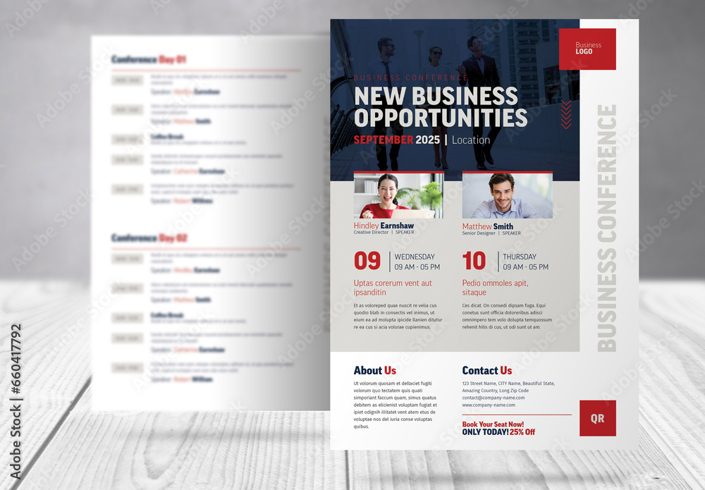 Business Conference Agenda Flyer with Blue and Red Accents Stock ...
