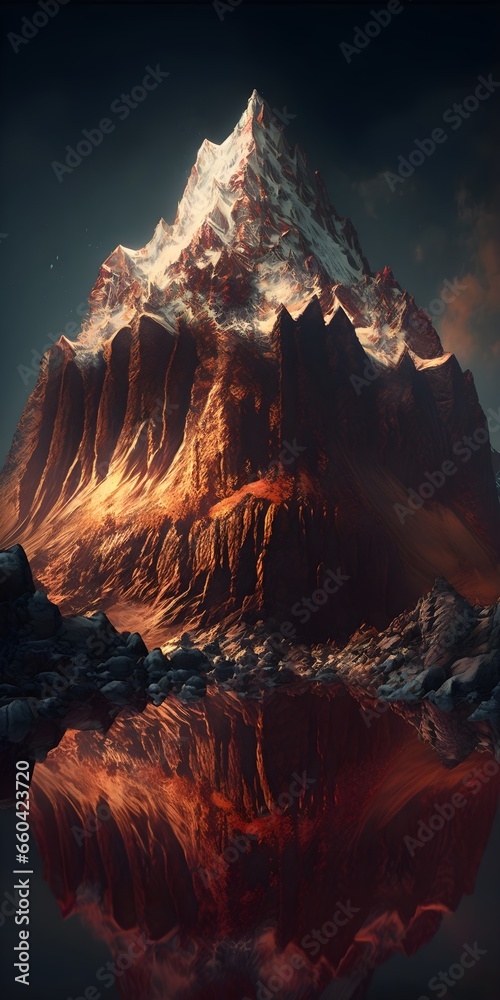 A sharp hyperrealistic photograph of a mountain with a mystical ...
