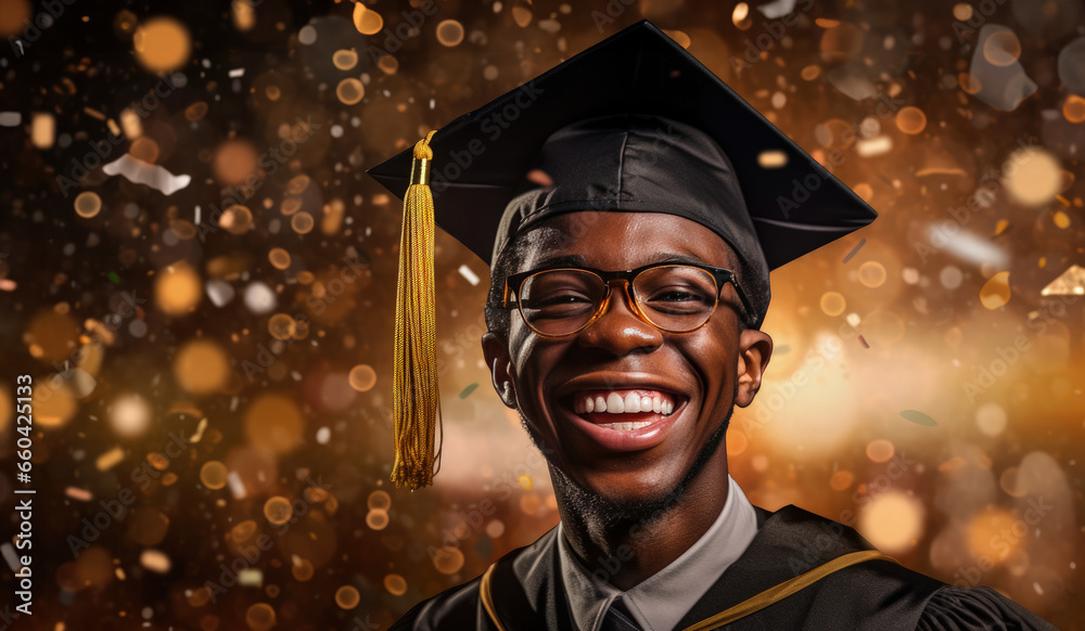 Happy black guy wearing graduation cap and gown, smiling young guy ...