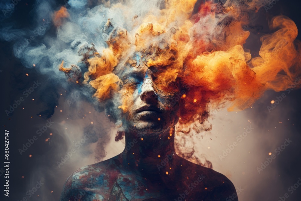 The fiery head of a burned out business person explodes in a cloud of ...