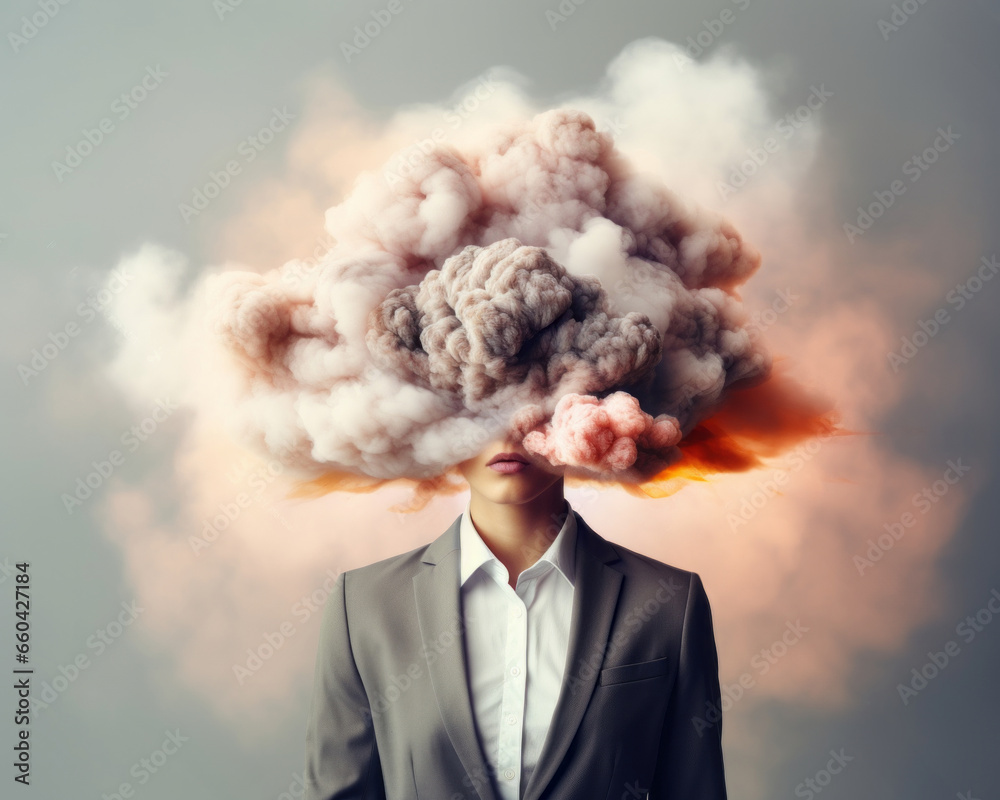 Hectic business world, a man's head explodes with the burnout of ...