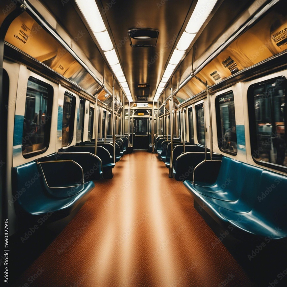 AI generated illustration of an empty subway train carriage on a dark ...