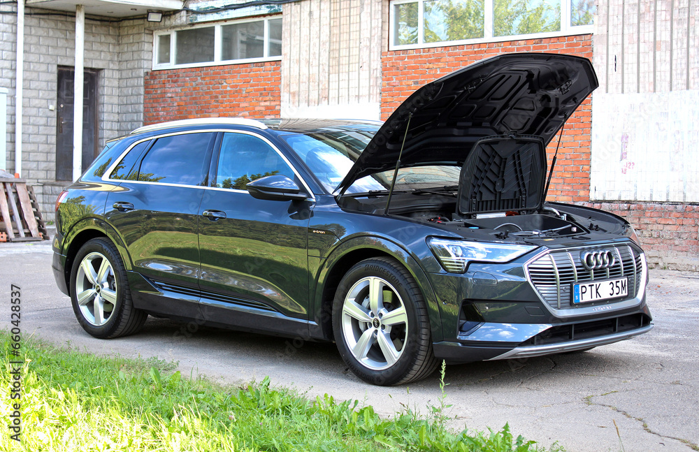 Vinnytsia, Ukraine; September 19, 2023. Audi E-Tron car open hood. Audi ...