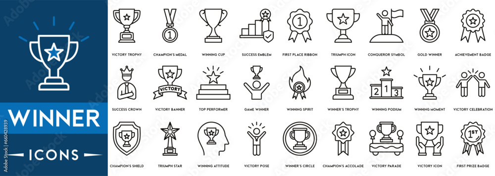 Winner icon set. Containing victory, success, prize, celebration ...