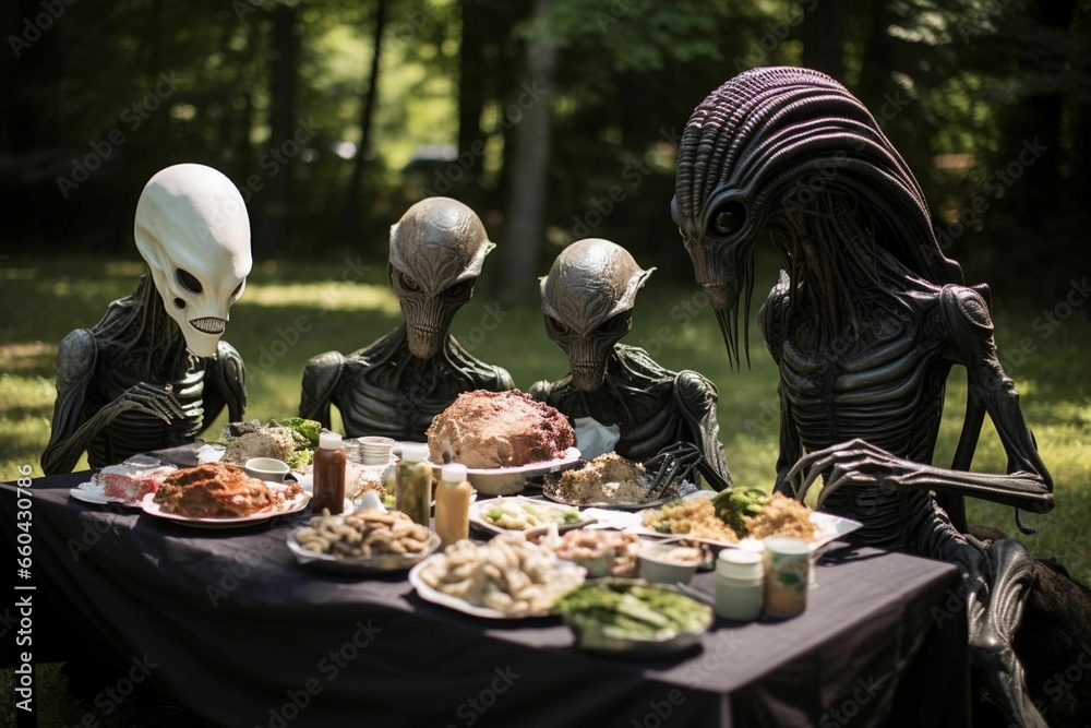 AI-generated illustration of A group of aliens gathering around a ...