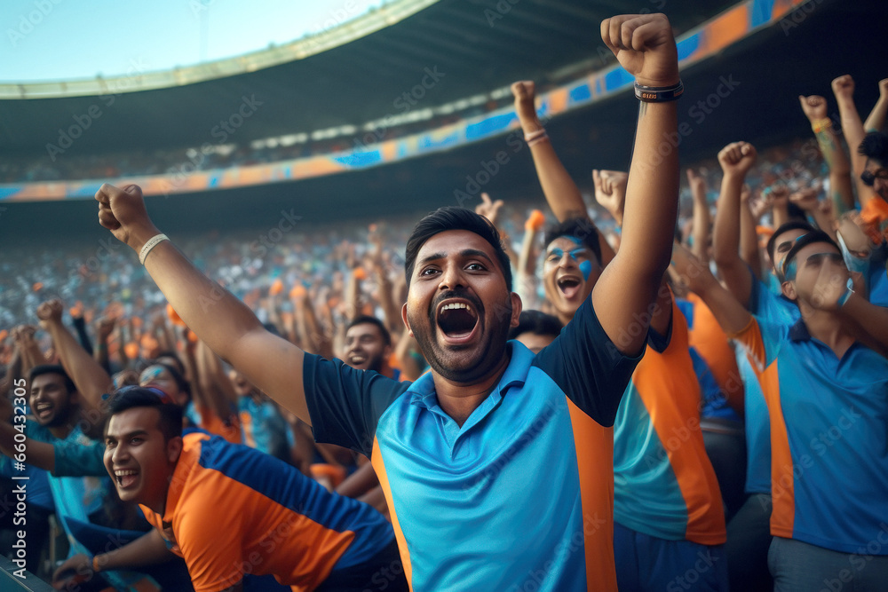young man and excited audience celebrating and screaming while watching ...
