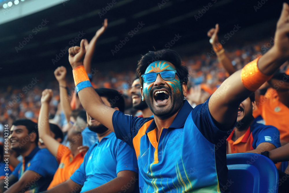 young man and excited audience celebrating and screaming while watching ...