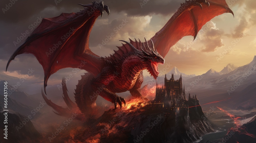 AI generated illustration of a red dragon attacking a medieval town on ...