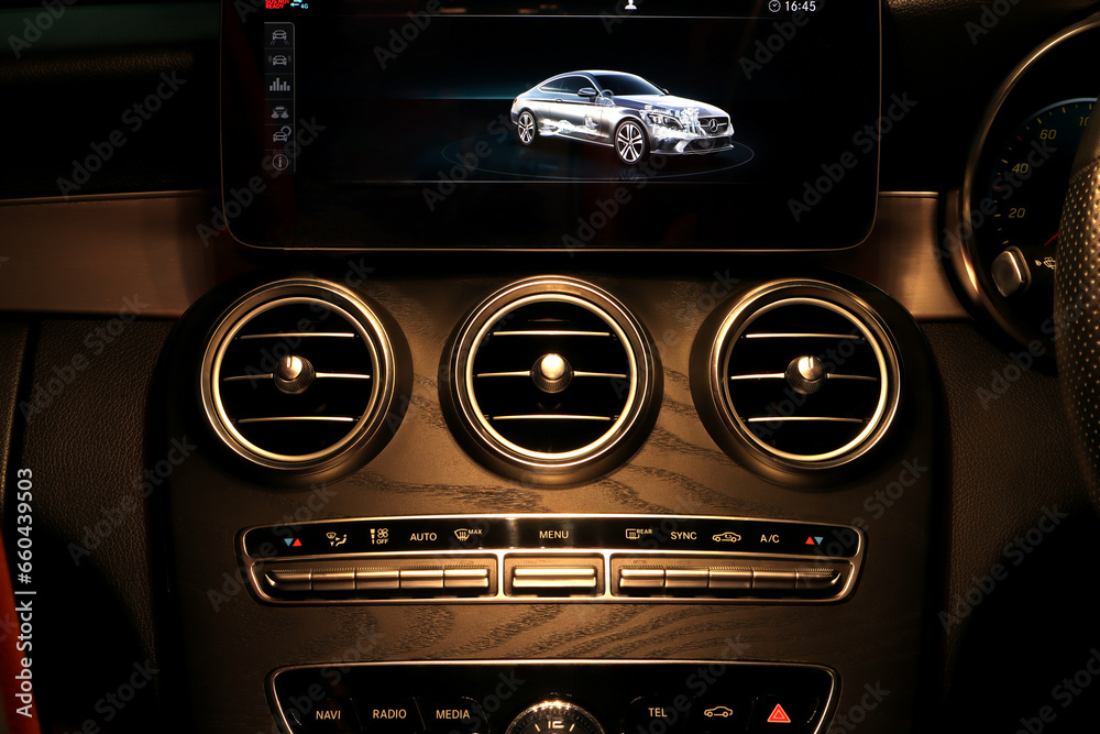 car vent ac center console control panel dashboard with blue ambient ...