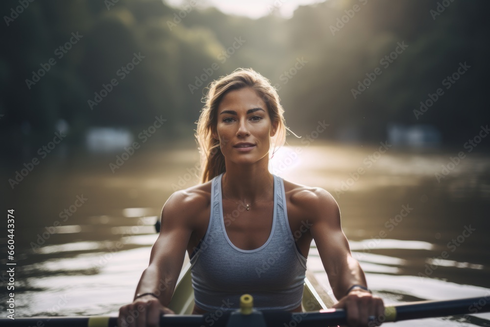 Sports portrait photography of an inspired girl in her 30s rowing in a ...