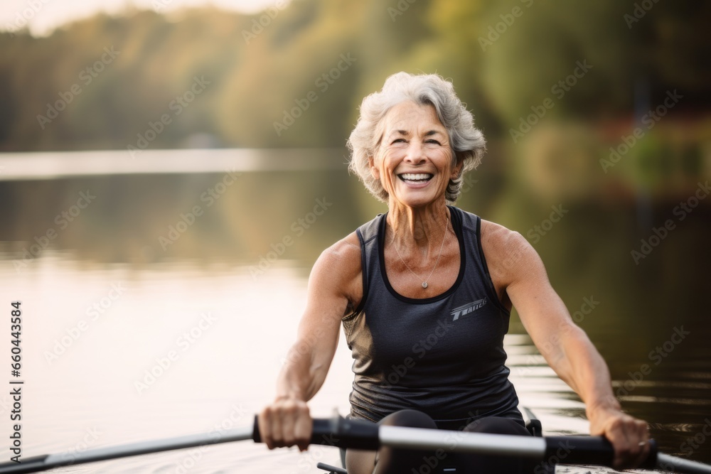 Group portrait photography of an inspired mature woman rowing in a lake ...