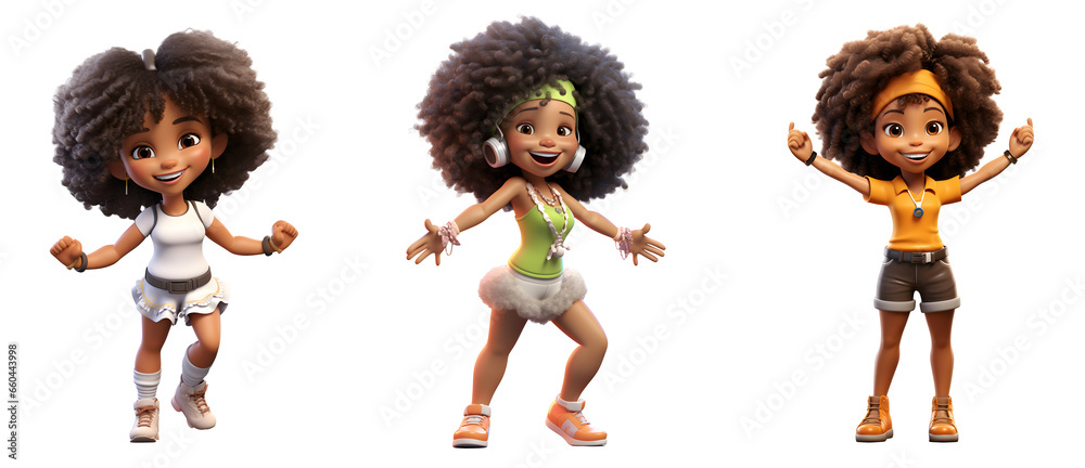 Set of 3D cartoon character cute happy student kids girl dancing have ...