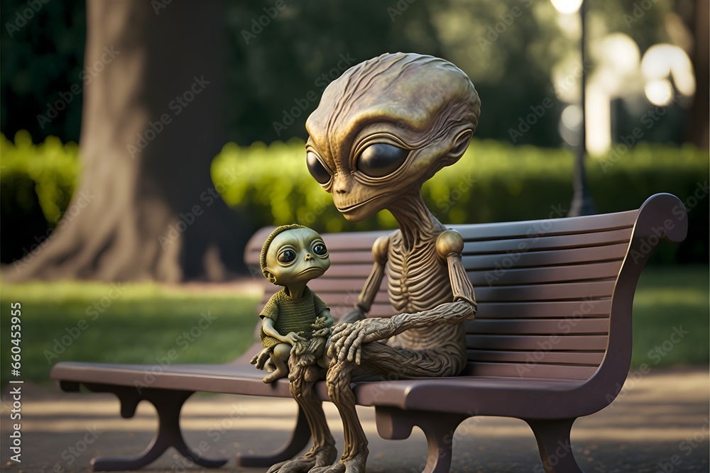 Alien with a little baby alien on a bench in the park colour picture ...