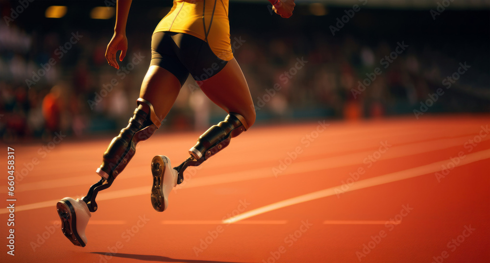 concept banner. photo of a girl athlete without legs with prosthetics ...