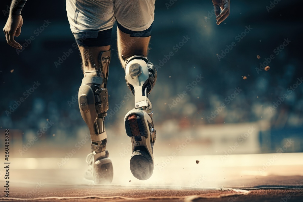 concept banner. photo of a man athlete without legs with prosthetics ...