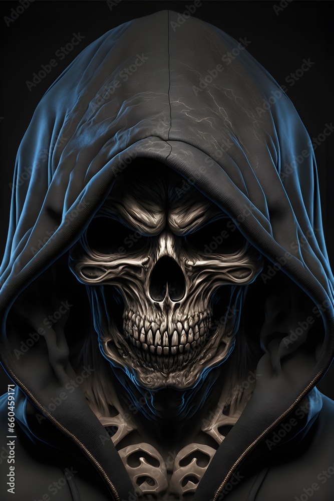portrait of Photoreal evil skull in black hoodie ultrahigh definition ...