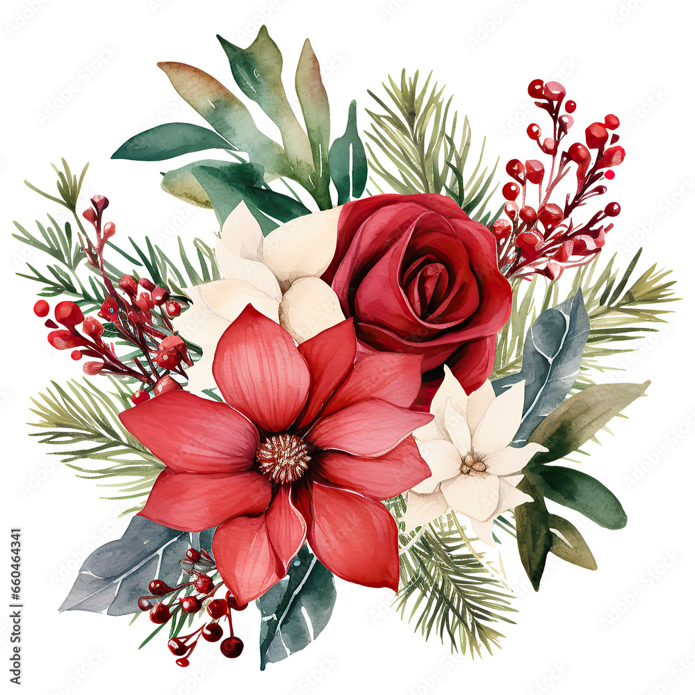 Watercolor Christmas poinsettia flower isolated clipart Stock Photo ...