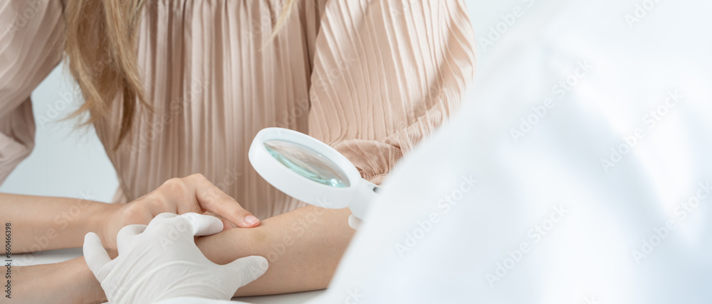 skin problem and beauty of asian girl. Dermatologist use magnifying ...