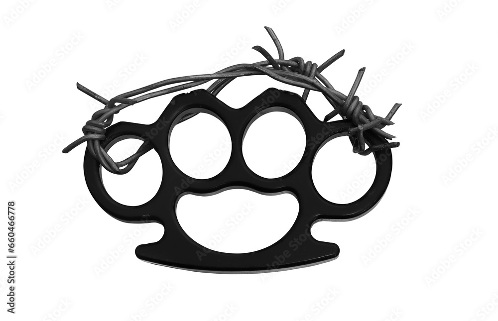 brass knuckles , fist-load weapon with barbed wire on transparent ...
